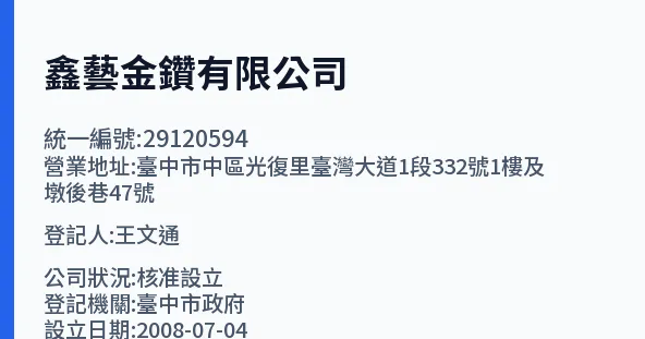 鑫藝金鑽有限公司的照片-統編 29120594(臺中市) 公司登記資料與營業項目詳細圖表
