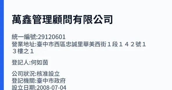 萬鑫管理顧問有限公司的照片-統編 29120601(臺中市) 公司登記資料與營業項目詳細圖表