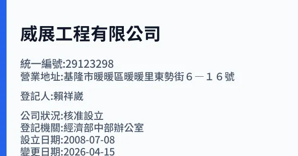 威展工程有限公司的照片-統編 29123298(基隆市) 公司登記資料與營業項目詳細圖表