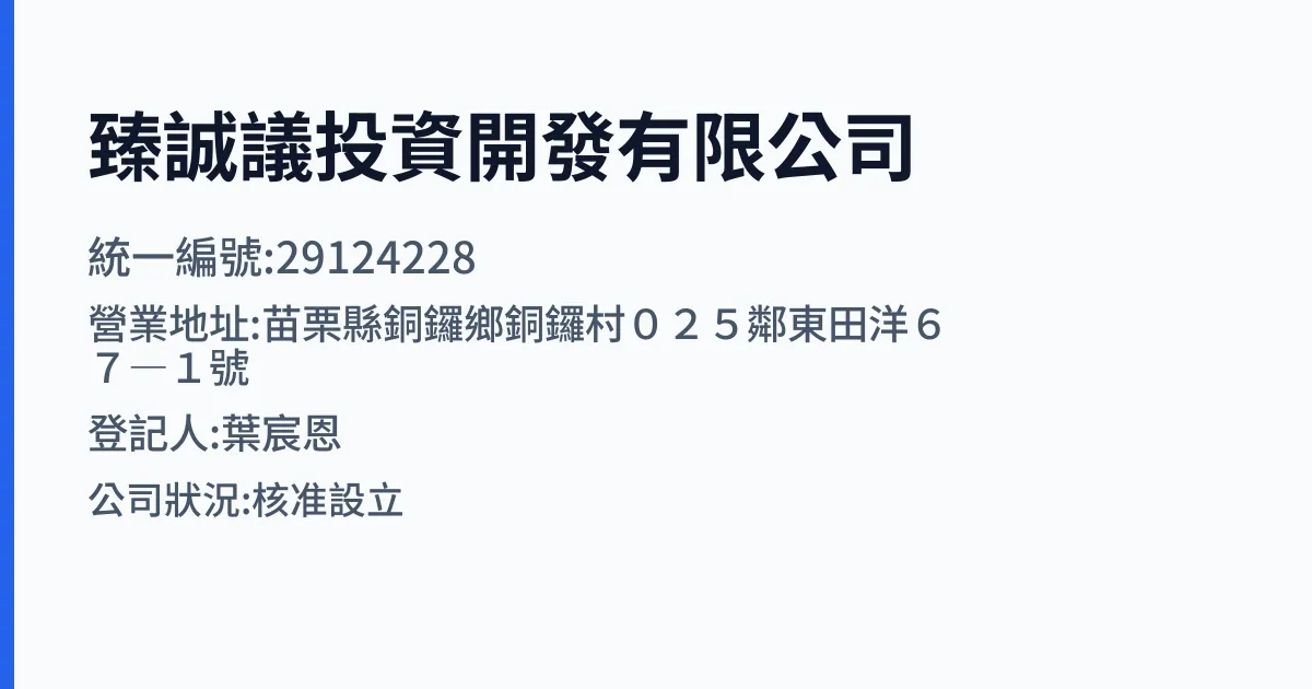 臻誠議投資開發有限公司 - 統編 29124228(苗栗縣) 公司登記資料與營業項目詳細圖表