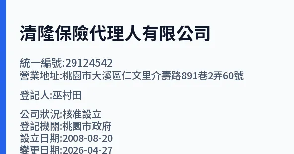 清隆保險代理人有限公司的照片-統編 29124542(桃園市) 公司登記資料與營業項目詳細圖表