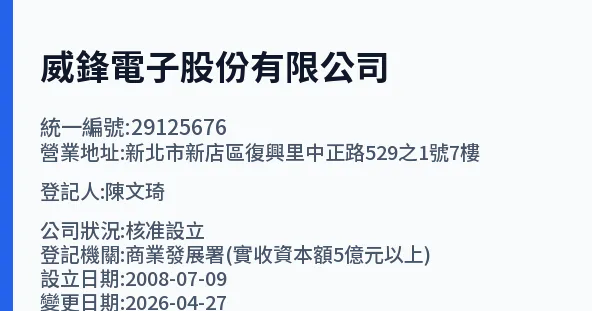 威鋒電子股份有限公司的照片-統編 29125676(新北市) 公司登記資料與營業項目詳細圖表