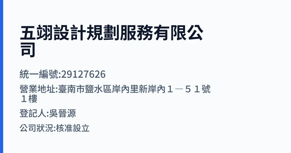 五翊設計規劃服務有限公司 - 統編 29127626(臺南市) 公司登記資料與營業項目詳細圖表