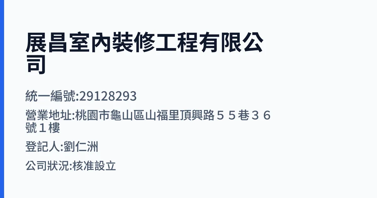 展昌室內裝修工程有限公司 - 統編 29128293(桃園市) 公司登記資料與營業項目詳細圖表
