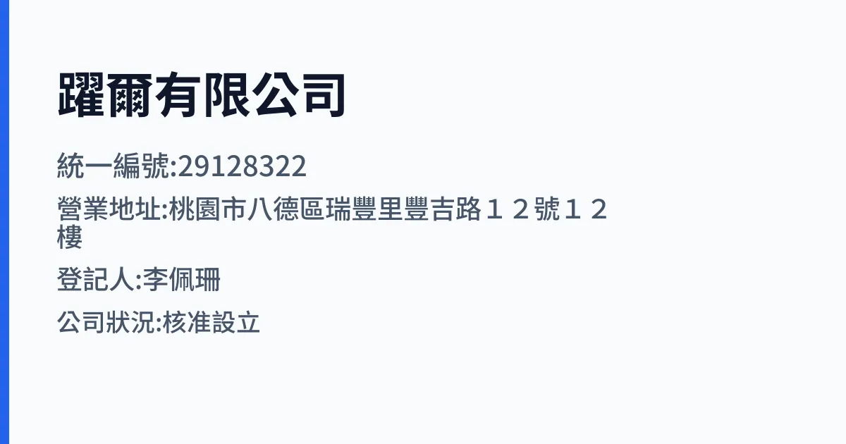 躍爾有限公司 - 統編 29128322(桃園市) 公司登記資料與營業項目詳細圖表