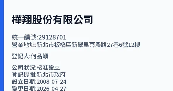 樺翔股份有限公司的照片-統編 29128701(新北市) 公司登記資料與營業項目詳細圖表