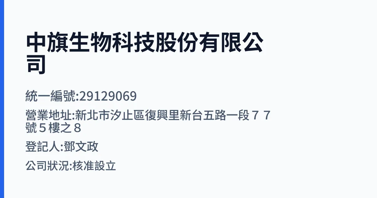 中旗生物科技股份有限公司 - 統編 29129069(新北市) 公司登記資料與營業項目詳細圖表