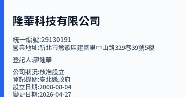 隆華科技有限公司的照片-統編 29130191(新北市) 公司登記資料與營業項目詳細圖表