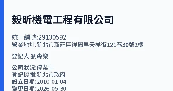 毅昕機電工程有限公司的照片-統編 29130592(新北市) 公司登記資料與營業項目詳細圖表