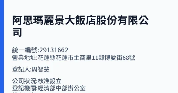 阿思瑪麗景大飯店股份有限公司的照片-統編 29131662(花蓮縣) 公司登記資料與營業項目詳細圖表
