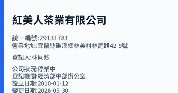 紅美人茶業有限公司的照片-統編 29131781(宜蘭縣) 公司登記資料與營業項目詳細圖表