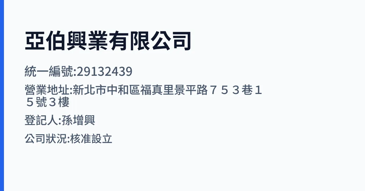 亞伯興業有限公司 - 統編 29132439(新北市) 公司登記資料與營業項目詳細圖表