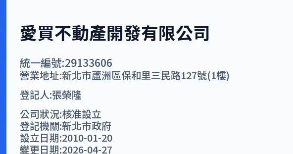 愛買不動產開發有限公司的照片-統編 29133606(新北市) 公司登記資料與營業項目詳細圖表