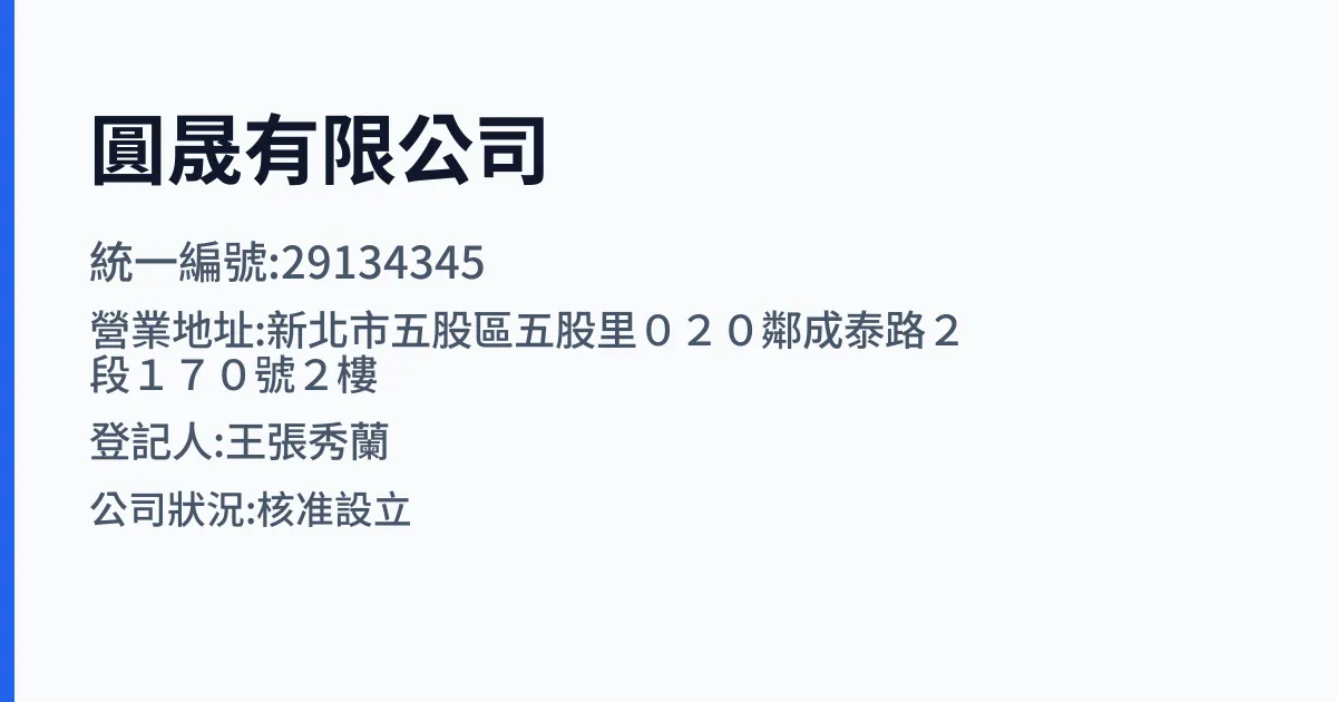 圓晟有限公司 - 統編 29134345(新北市) 公司登記資料與營業項目詳細圖表