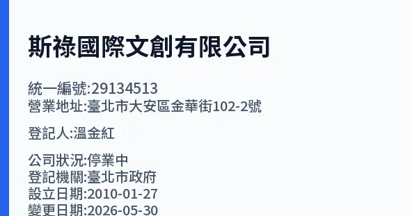 斯祿國際文創有限公司的照片-統編 29134513(臺北市) 公司登記資料與營業項目詳細圖表