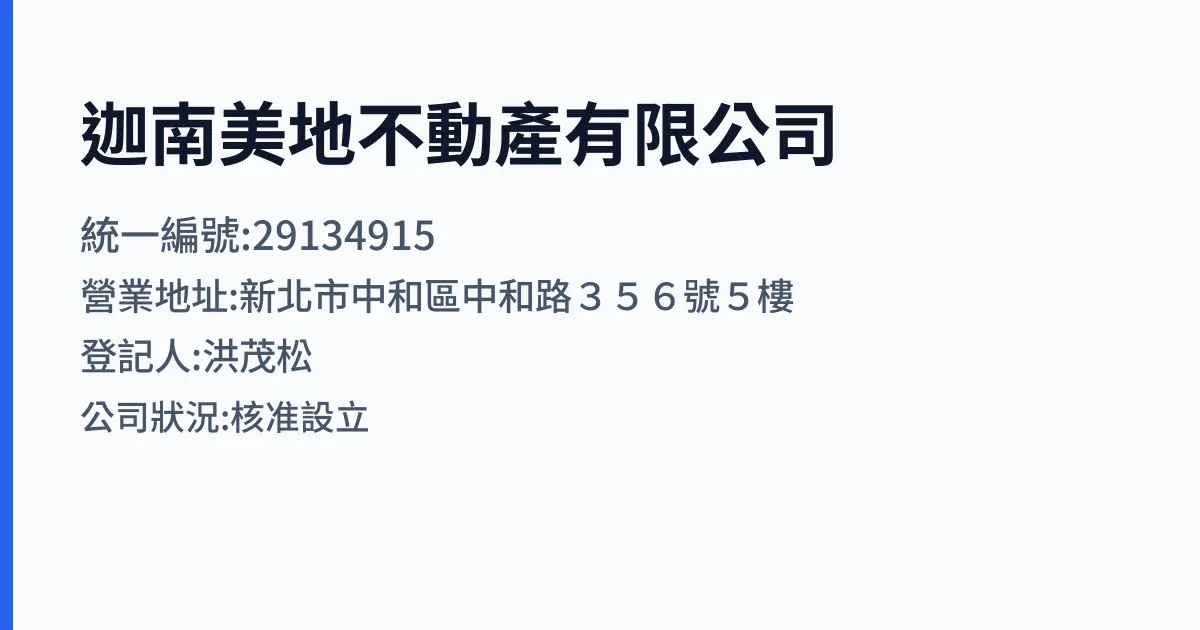 迦南美地不動產有限公司 - 統編 29134915(新北市) 公司登記資料與營業項目詳細圖表