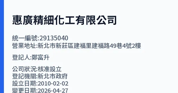 惠廣精細化工有限公司的照片-統編 29135040(新北市) 公司登記資料與營業項目詳細圖表