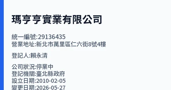 瑪亨亨實業有限公司的照片-統編 29136435(新北市) 公司登記資料與營業項目詳細圖表