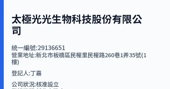 太極光光生物科技股份有限公司的照片-統編 29136651(新北市) 公司登記資料與營業項目詳細圖表