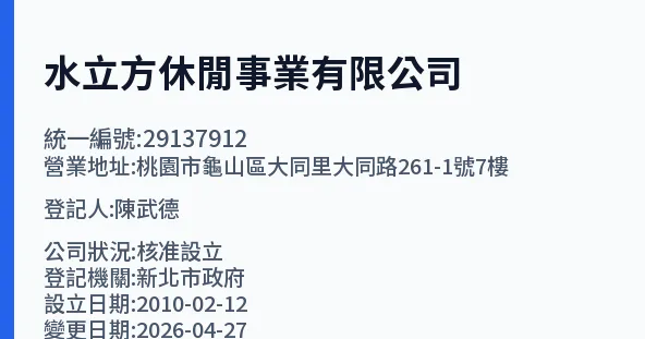水立方休閒事業有限公司的照片-統編 29137912(桃園市) 公司登記資料與營業項目詳細圖表