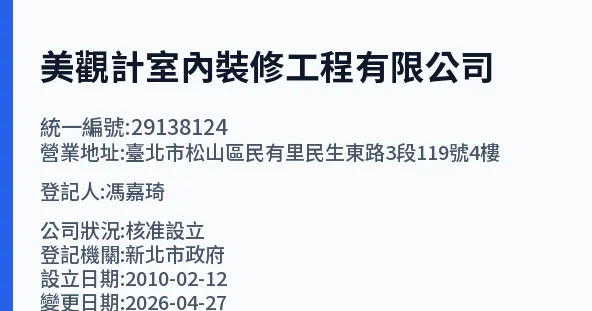 美觀計室內裝修工程有限公司的照片-統編 29138124(臺北市) 公司登記資料與營業項目詳細圖表