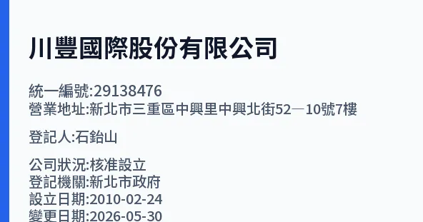 川豐國際股份有限公司的照片-統編 29138476(新北市) 公司登記資料與營業項目詳細圖表
