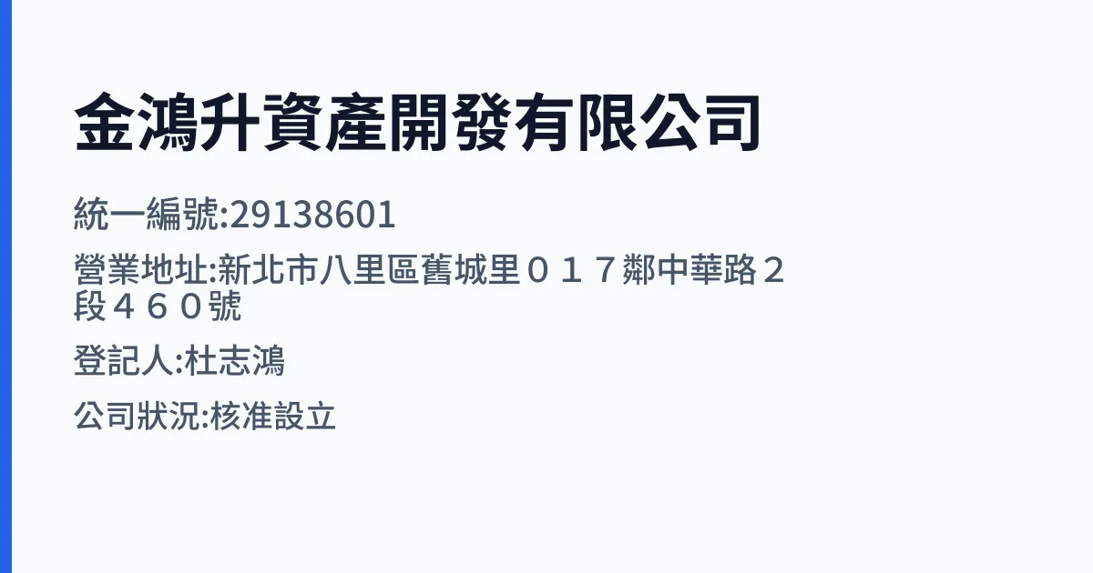 金鴻升資產開發有限公司 - 統編 29138601(新北市) 公司登記資料與營業項目詳細圖表