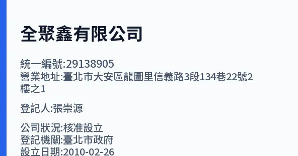 全聚鑫有限公司的照片-統編 29138905(臺北市) 公司登記資料與營業項目詳細圖表