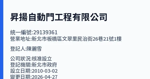 昇揚自動門工程有限公司的照片-統編 29139361(新北市) 公司登記資料與營業項目詳細圖表