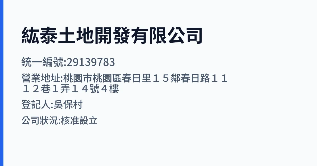紘泰土地開發有限公司 - 統編 29139783(桃園市) 公司登記資料與營業項目詳細圖表