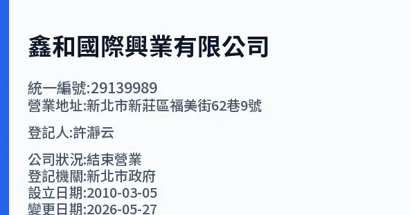 鑫和國際興業有限公司的照片-統編 29139989(新北市) 公司登記資料與營業項目詳細圖表