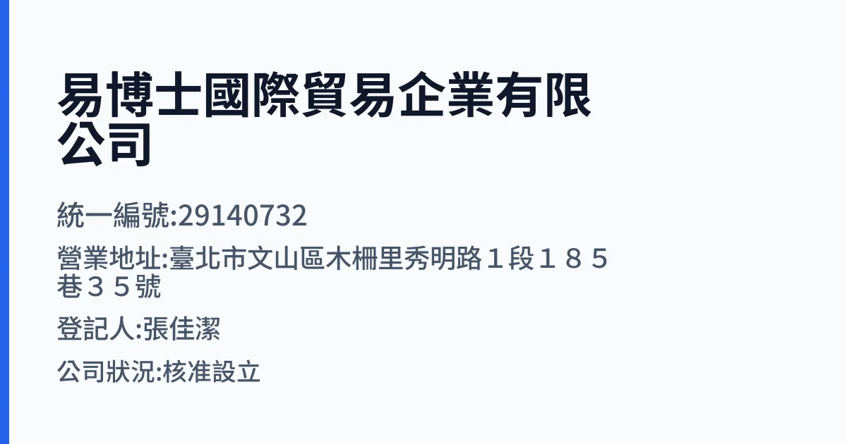 易博士國際貿易企業有限公司 - 統編 29140732(臺北市) 公司登記資料與營業項目詳細圖表