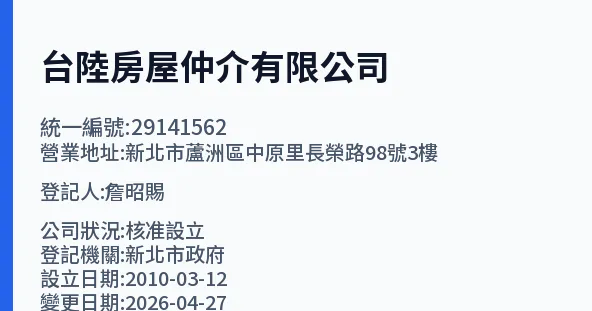 台陸房屋仲介有限公司的照片-統編 29141562(新北市) 公司登記資料與營業項目詳細圖表