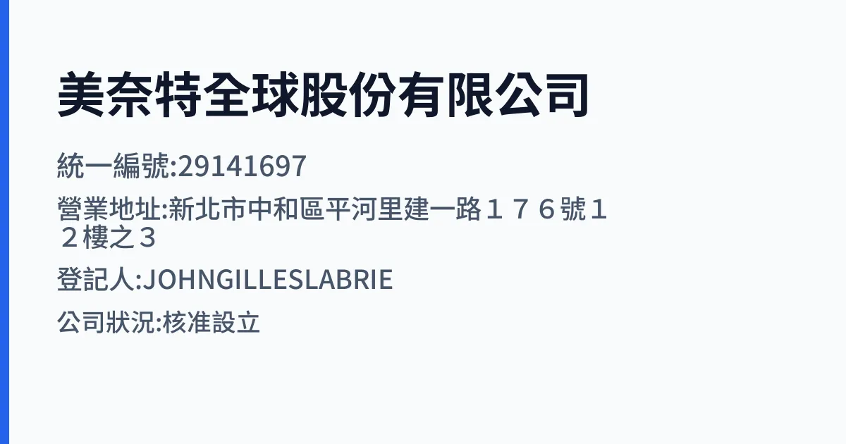 美奈特全球股份有限公司 - 統編 29141697(新北市) 公司登記資料與營業項目詳細圖表