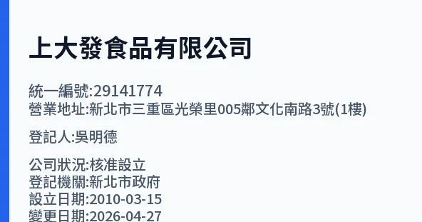上大發食品有限公司的照片-統編 29141774(新北市) 公司登記資料與營業項目詳細圖表