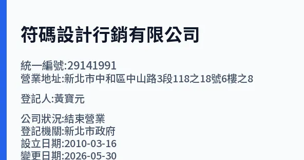符碼設計行銷有限公司的照片-統編 29141991(新北市) 公司登記資料與營業項目詳細圖表
