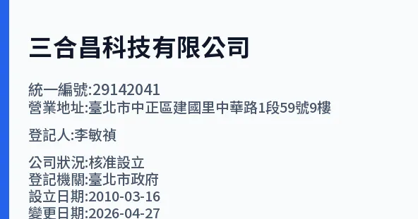 三合昌科技有限公司的照片-統編 29142041(臺北市) 公司登記資料與營業項目詳細圖表
