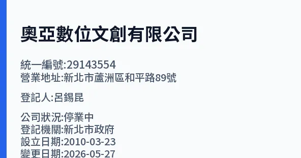 奧亞數位文創有限公司的照片-統編 29143554(新北市) 公司登記資料與營業項目詳細圖表