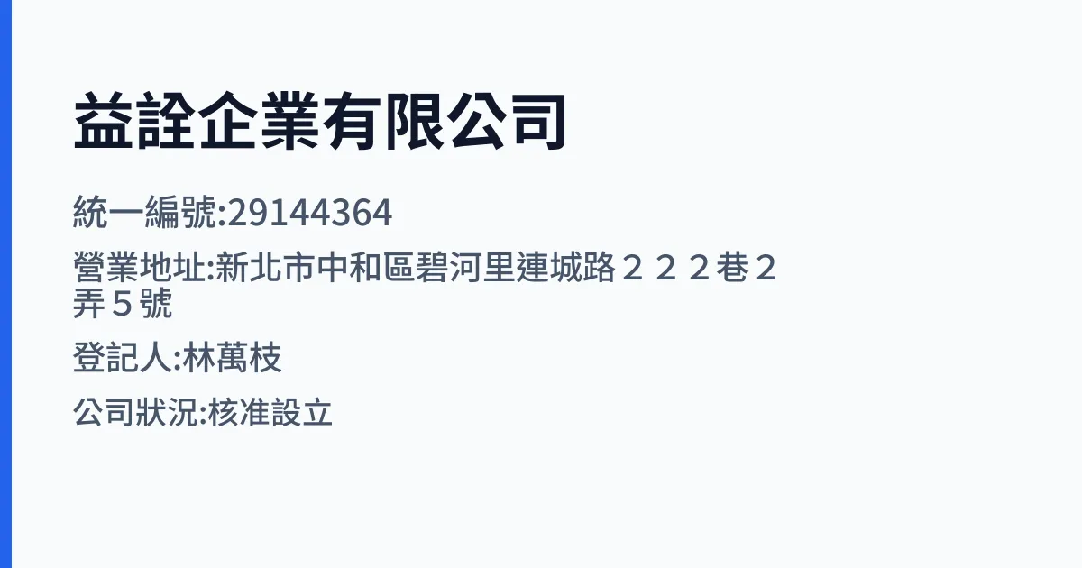 益詮企業有限公司 - 統編 29144364(新北市) 公司登記資料與營業項目詳細圖表