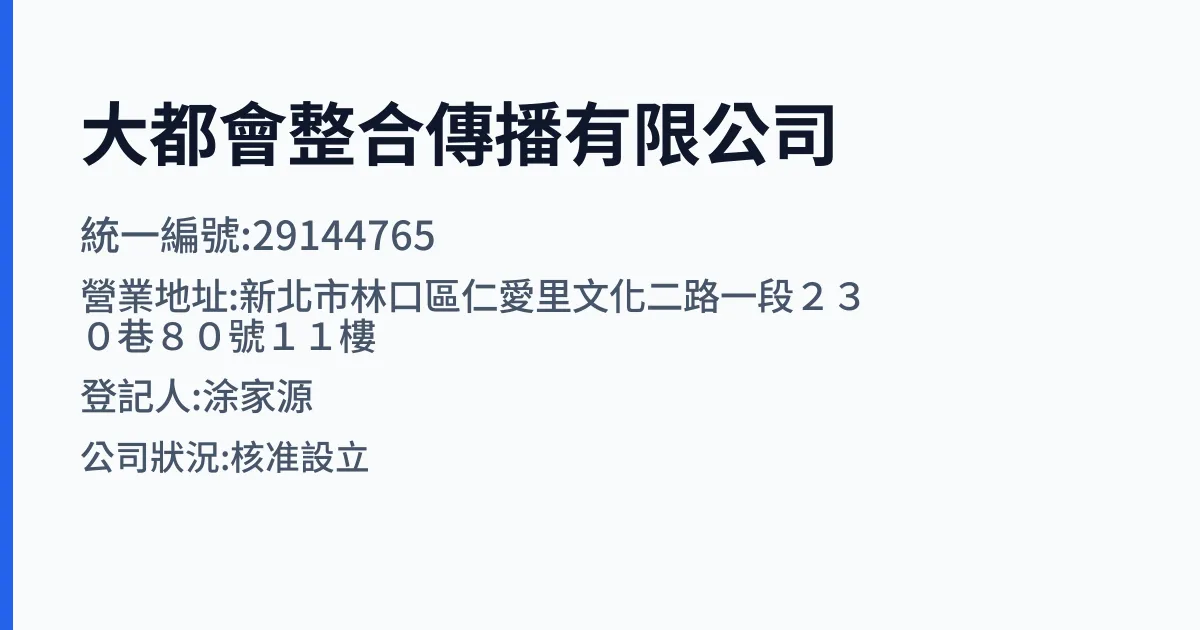 大都會整合傳播有限公司 - 統編 29144765(新北市) 公司登記資料與營業項目詳細圖表