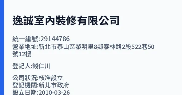 逸誠室內裝修有限公司的照片-統編 29144786(新北市) 公司登記資料與營業項目詳細圖表