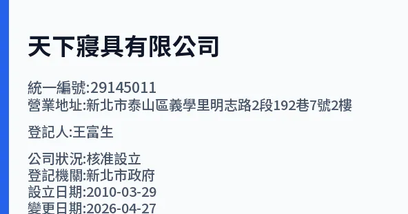 天下寢具有限公司的照片-統編 29145011(新北市) 公司登記資料與營業項目詳細圖表