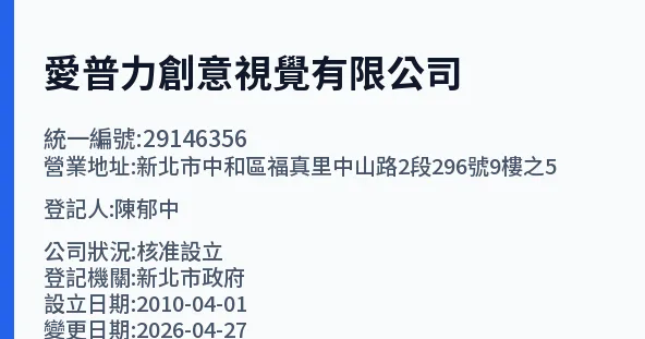 愛普力創意視覺有限公司的照片-統編 29146356(新北市) 公司登記資料與營業項目詳細圖表
