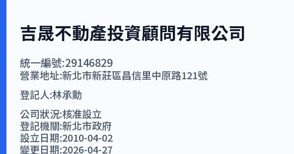 吉晟不動產投資顧問有限公司的照片-統編 29146829(新北市) 公司登記資料與營業項目詳細圖表