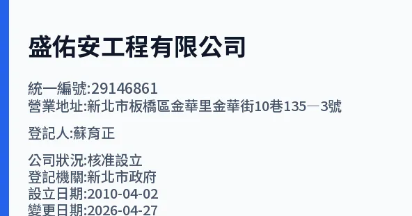 盛佑安工程有限公司的照片-統編 29146861(新北市) 公司登記資料與營業項目詳細圖表