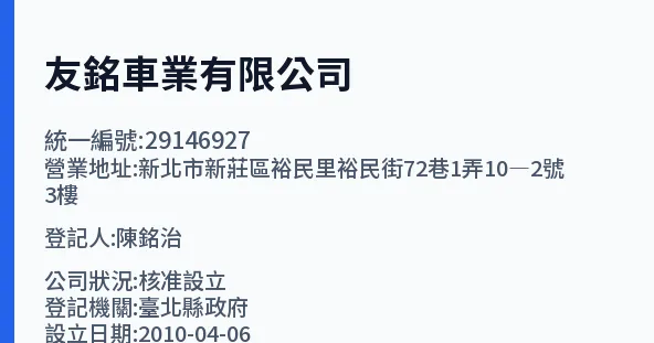 友銘車業有限公司的照片-統編 29146927(新北市) 公司登記資料與營業項目詳細圖表
