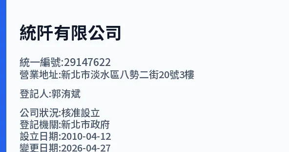 統阡有限公司的照片-統編 29147622(新北市) 公司登記資料與營業項目詳細圖表