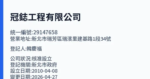 冠鋕工程有限公司的照片-統編 29147658(新北市) 公司登記資料與營業項目詳細圖表