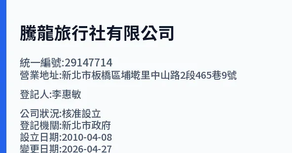 騰龍旅行社有限公司的照片-統編 29147714(新北市) 公司登記資料與營業項目詳細圖表