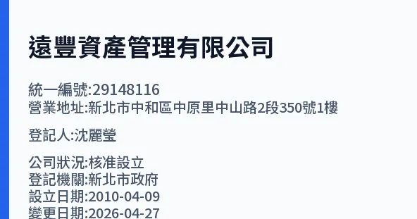 遠豐資產管理有限公司的照片-統編 29148116(新北市) 公司登記資料與營業項目詳細圖表